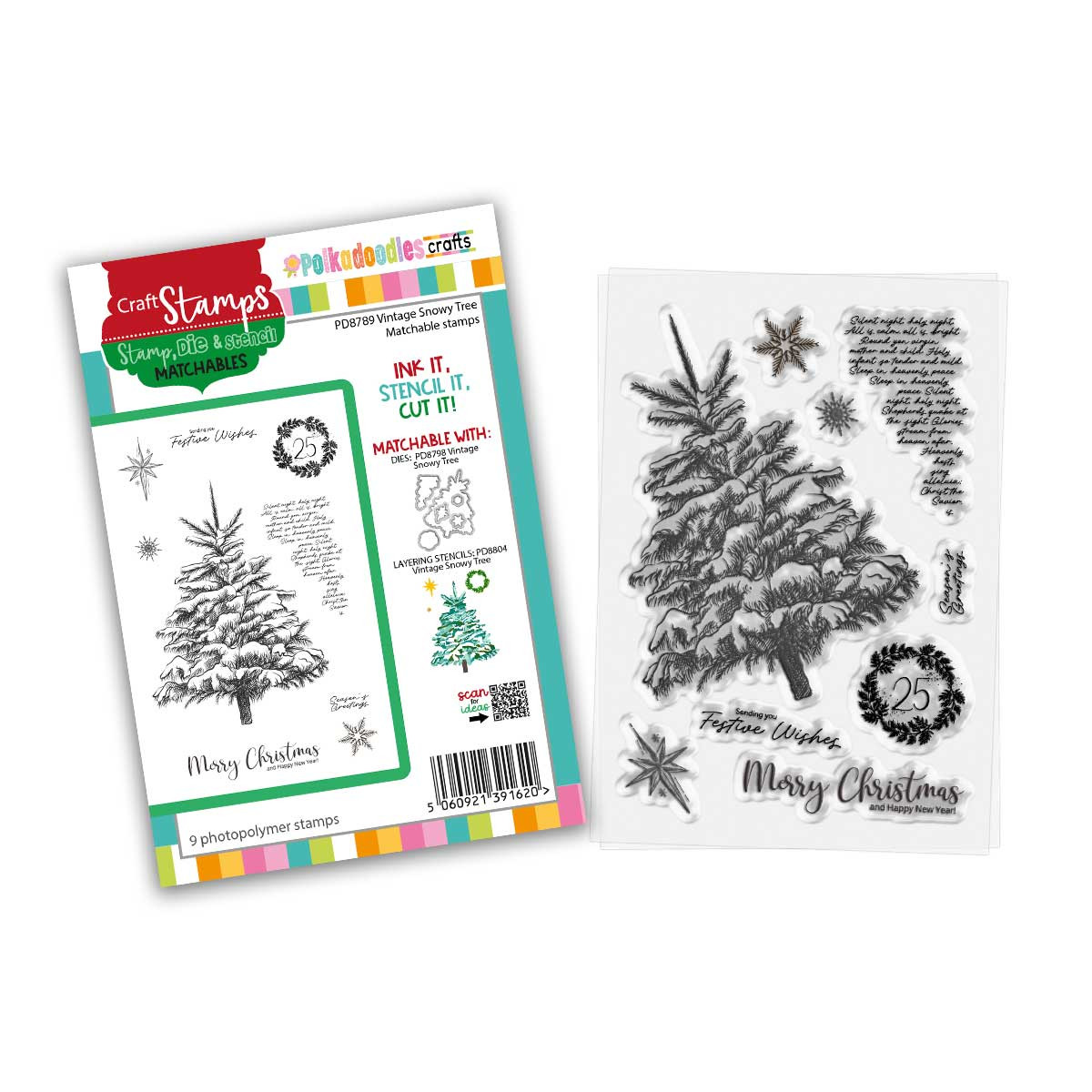 Vintage Christmas Snowy Tree stamps and outline dies for craft card making