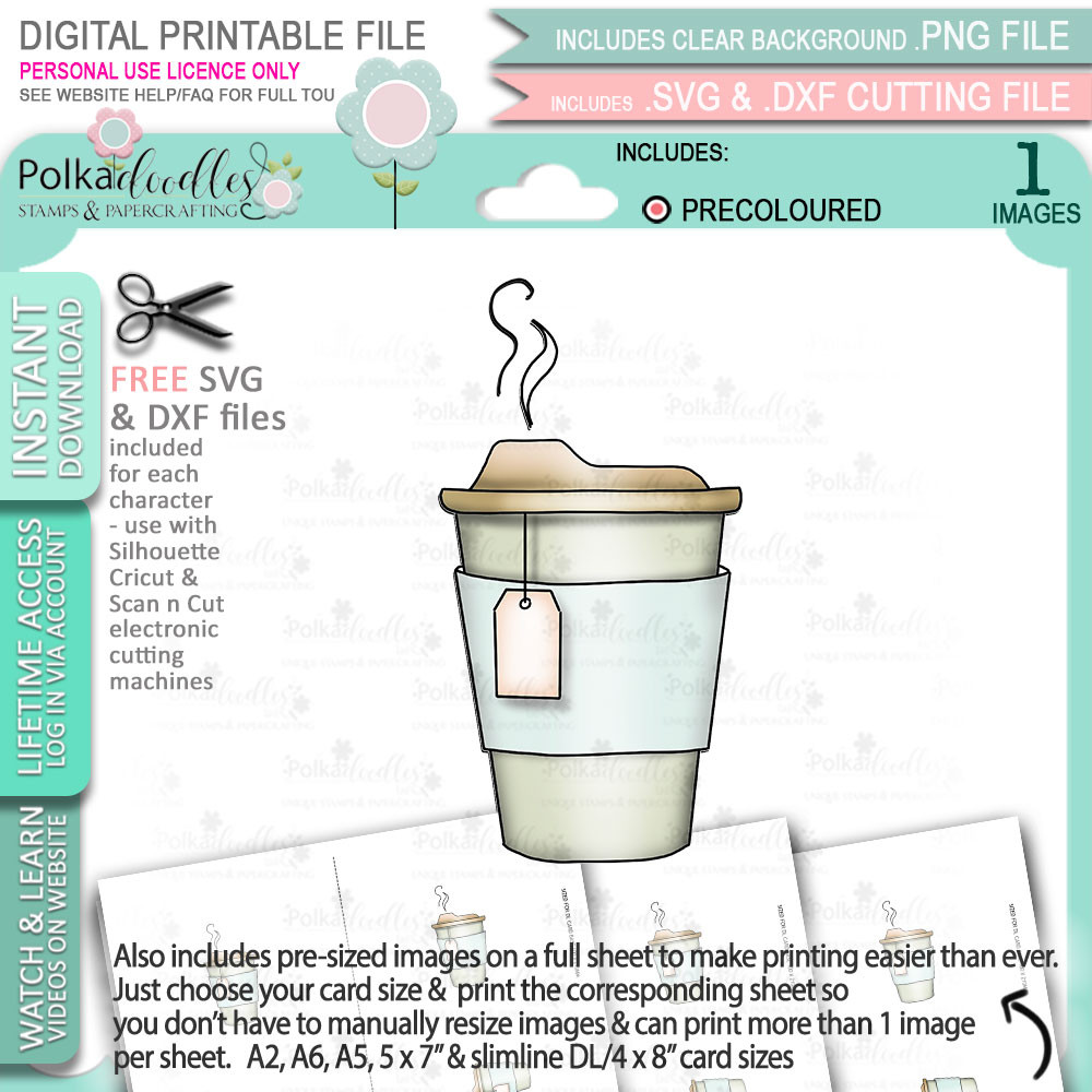 Tea Cup (precoloured) - printable craft digital stamp download with ...