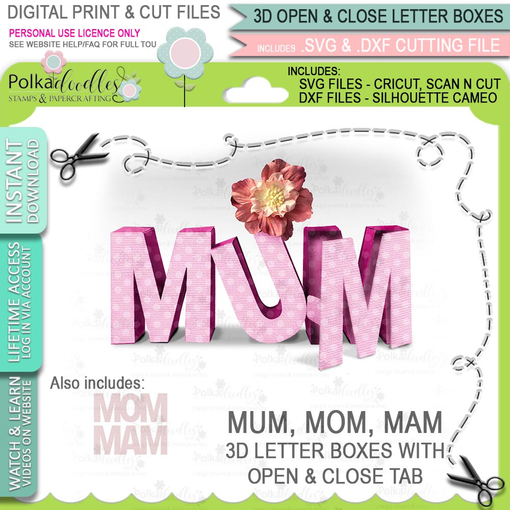 Mum Mom Mam 3D Word Boxes - Print and Cut SVG/DXF Files for ...