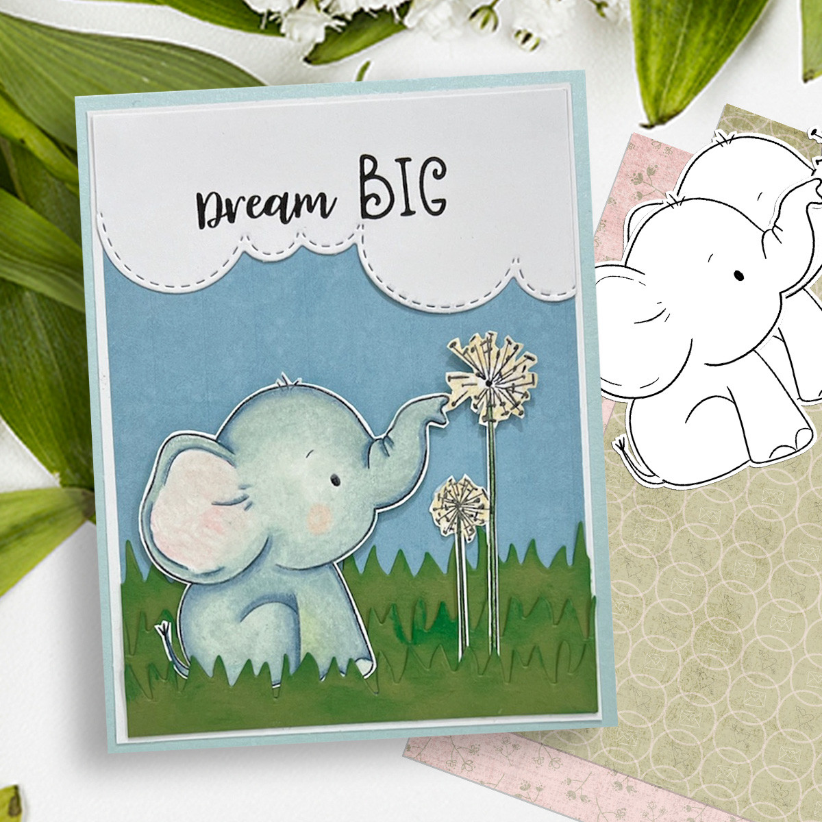 Birthday elephant printable digital stamp for card making, craft ...