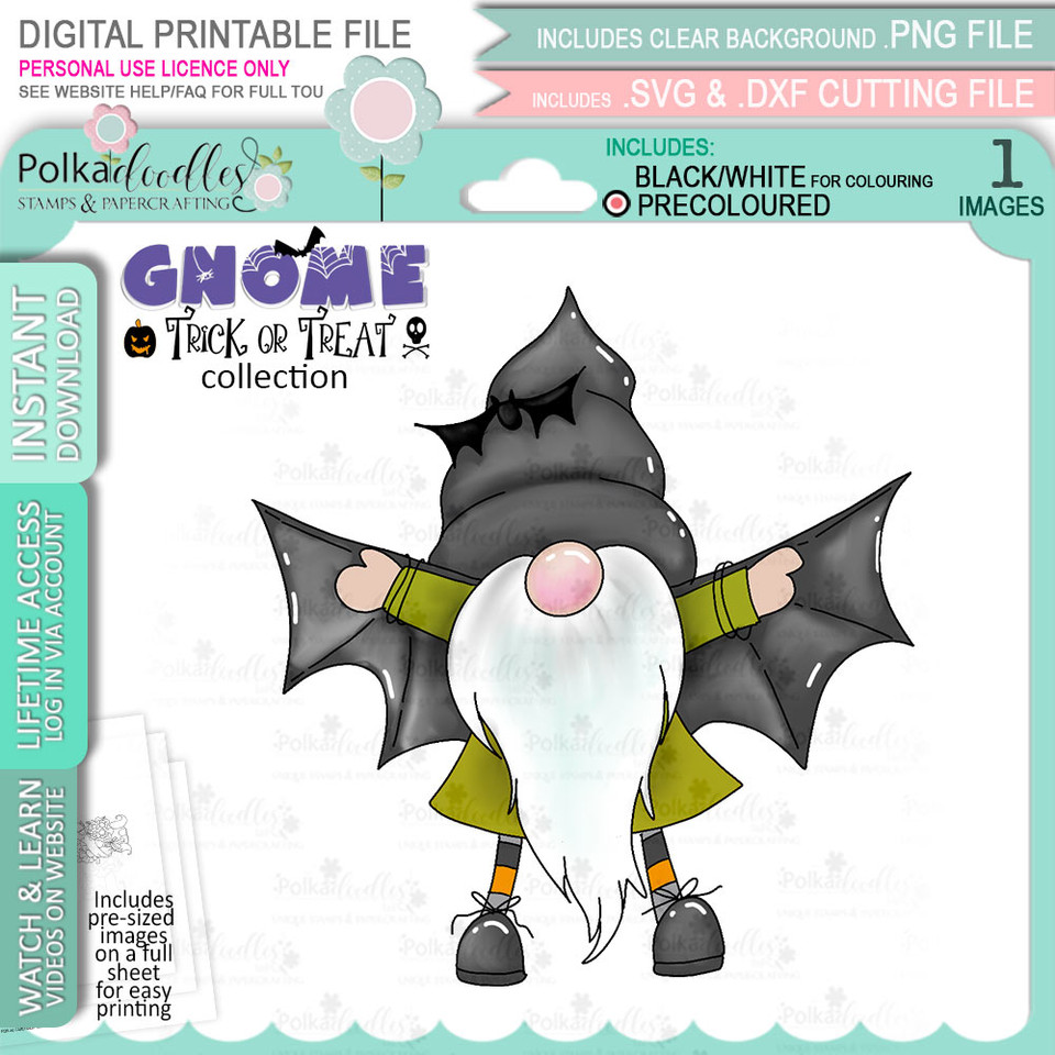 Fang-tastic Halloween Gnome digital stamp - (COLOUR) printable clipart ...