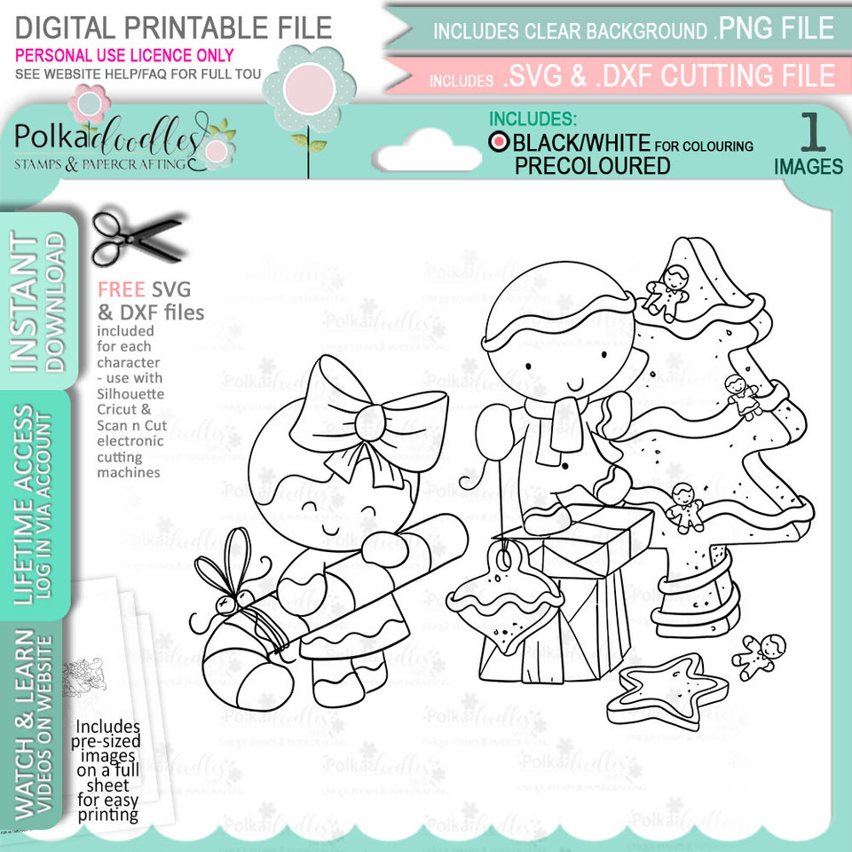 Decorating the Tree - Gingerbread Holly digital stamp - (COLOUR ...