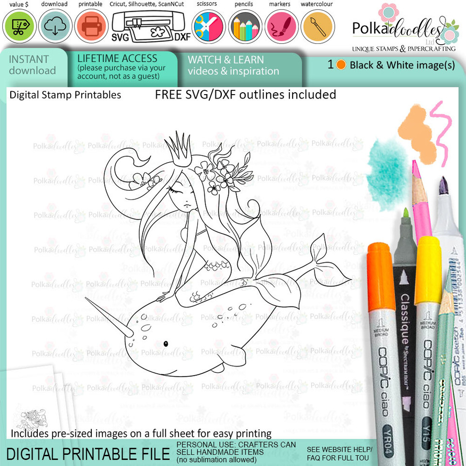 Coral Mermaid printable stamps card making crafts scrapbook