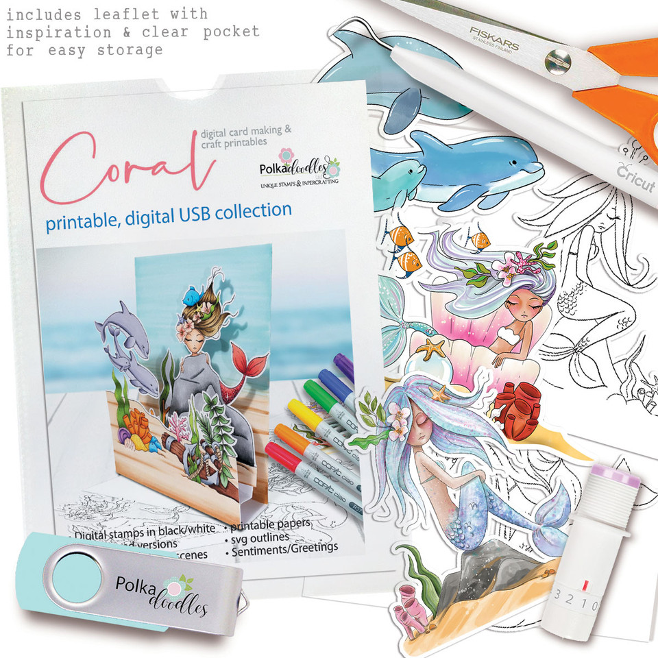 Coral Mermaid printable stamps card making crafts scrapbook