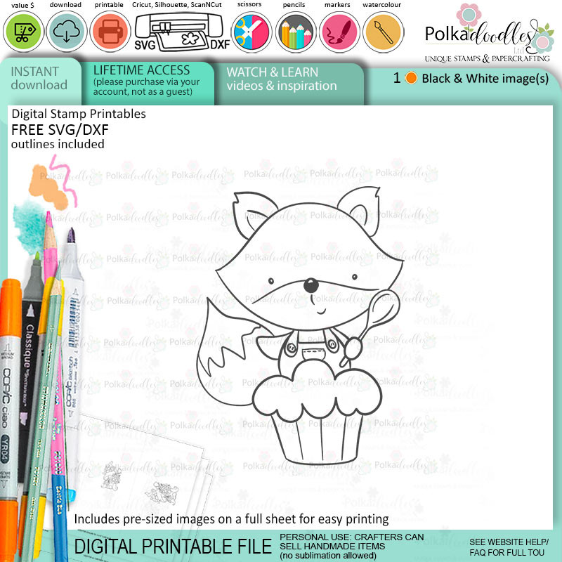 Snowflake Autumn Fall Fox - printable stamp craft card making digital ...