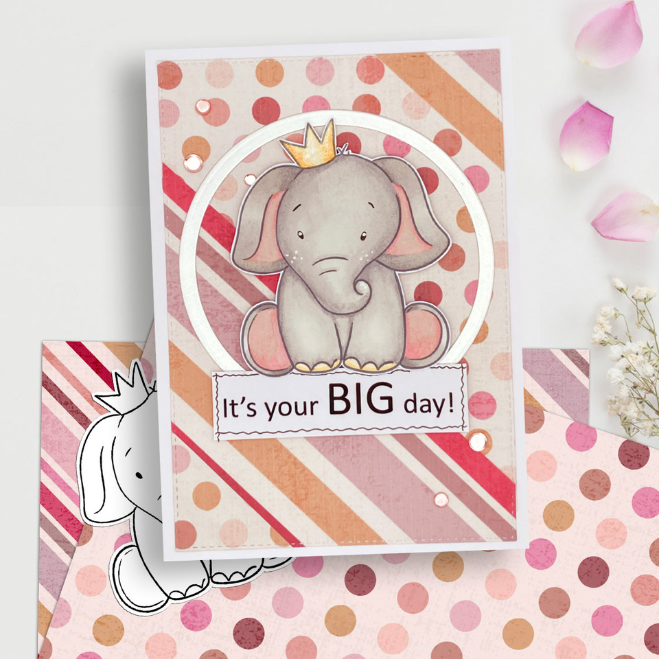 Birthday elephant printable digital stamp for card making, craft ...