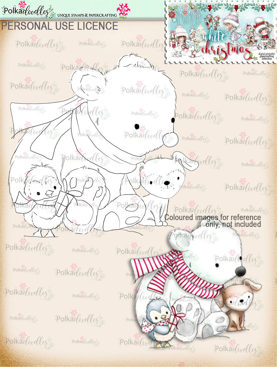 Christmas Polar Bear, Dog and Penguin cute digi stamp