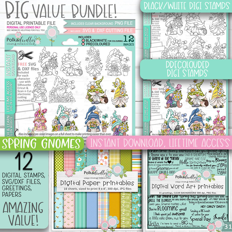 Spring Gnomes - 12 digital stamps, papers, quotes & SVG for cards ...
