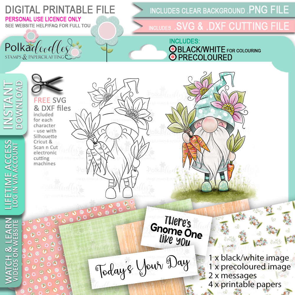 Gnome holding carrots gardening - printable craft digital stamp ...