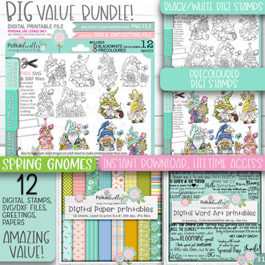 Spring Gnomes - 12 digital stamps, papers, quotes & SVG for cards ...