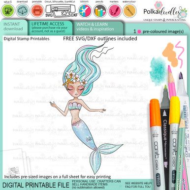 Swimming - Coral Mermaid printable card making craft digital stamp with ...
