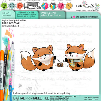 Playing Conkers Autumn Fall Fox - colour clipart printable stamp craft ...