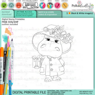 Gift for you cute Helga Hippo printable digital stamp - card making ...