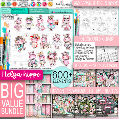 Cute Helga Hippo Big Kahuna bundle printable digital stamps, colour ...