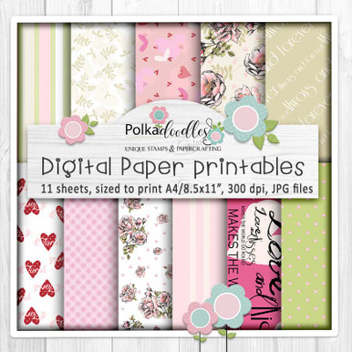 Love & kisses papers 4 romance heart valentines digital stamp printable ...