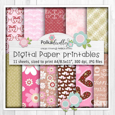 Love & kisses papers 5 romance heart valentines digital stamp printable ...