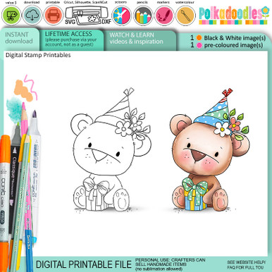 Party Bear with gift digital stamp & clipart for card making, craft ...