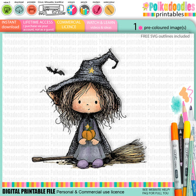 Witch with Broomstick -cute digital colour clipart craft digital stamp ...
