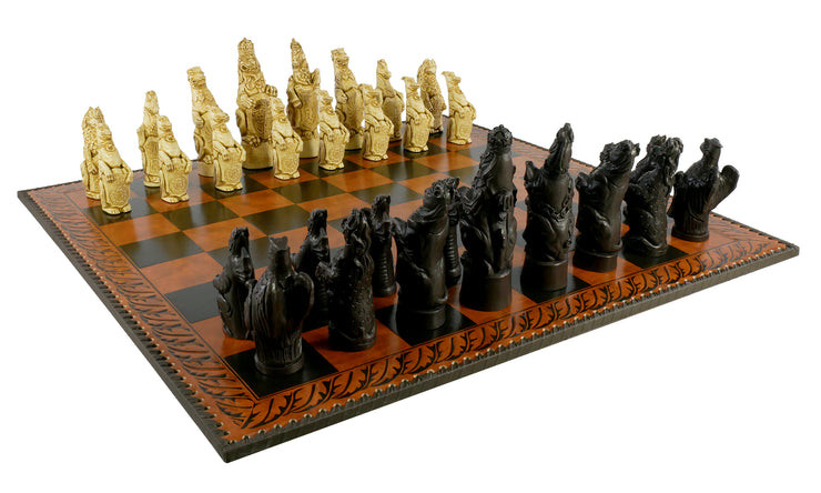 Chess Set: Heraldic Chess Pieces on Brown & Black Faux Leather Chess Board