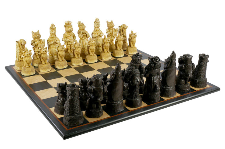 Chess Set: Cats & Dogs Chess Pieces on Black & Birdseye Maple Chess Board