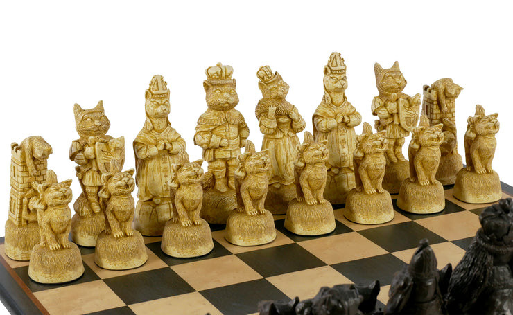 Chess Set: Cats & Dogs Chess Pieces on Black & Birdseye Maple Chess Board