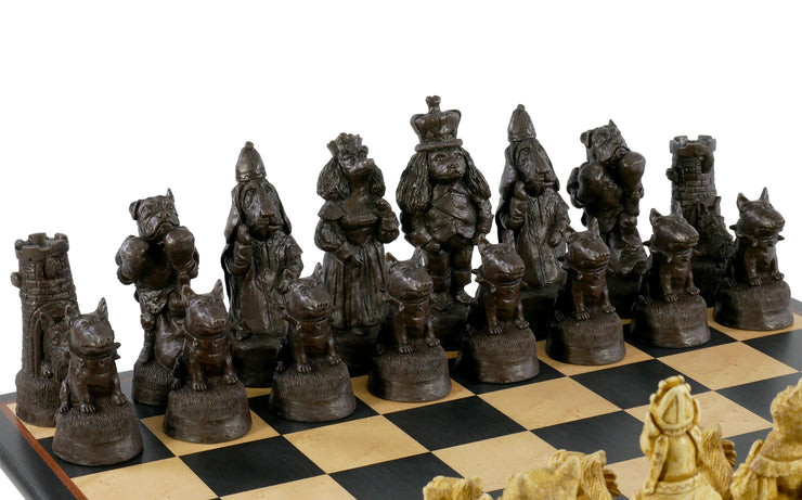 Chess Set: Cats & Dogs Chess Pieces on Black & Birdseye Maple Chess Board
