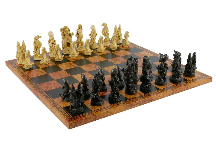 Chess Set: The Atlantis Chess Pieces on Faux Leather Map Design Chess Board
