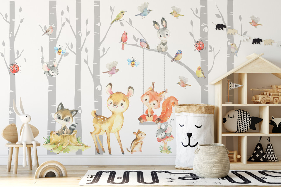 Whimsical Woodland Set 6 Trees Nursery Wall Vinyl Decals Forest Animals