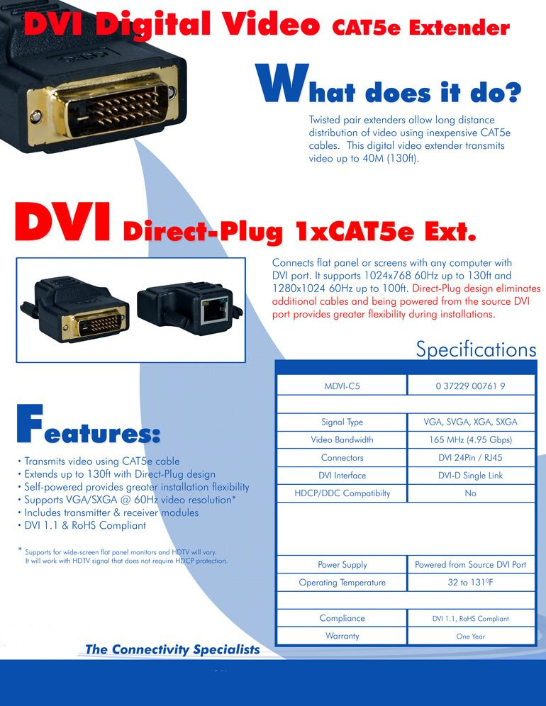 DVI-D Extender over Single Cat 5E Cat 6 Digital Video 130ft