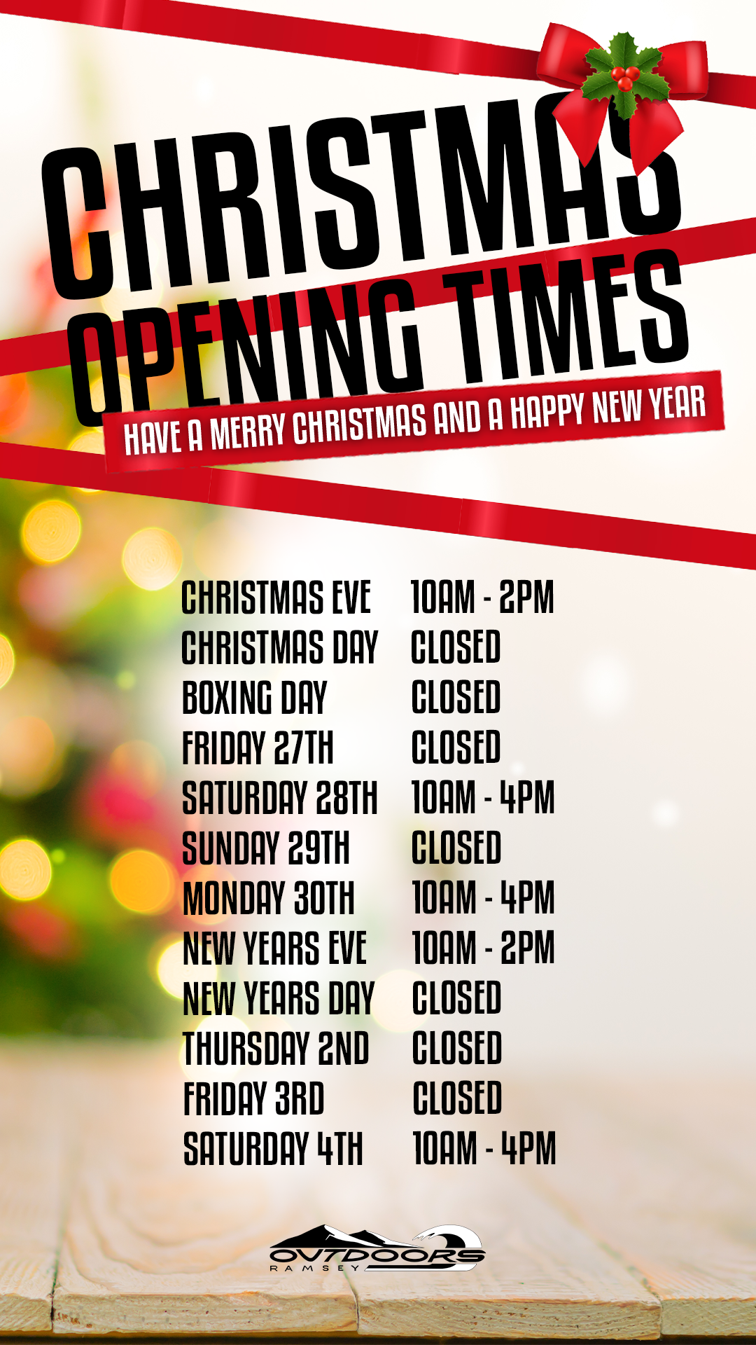 Christmas Opening Times 2024 - Outdoors Ramsey Limited