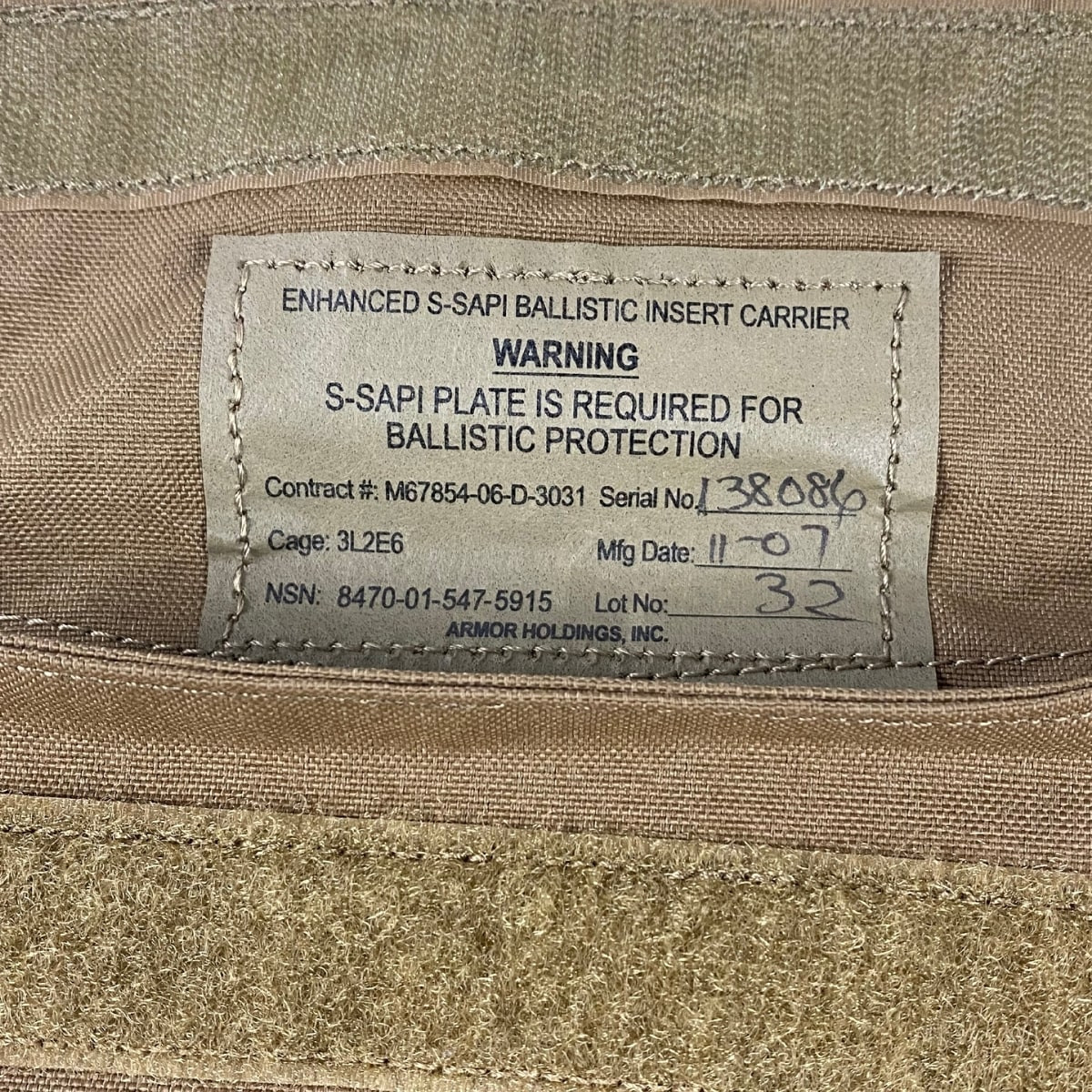 Military Issue Enhanced Side SAPI Ballistic Insert Carrier, Expired ...