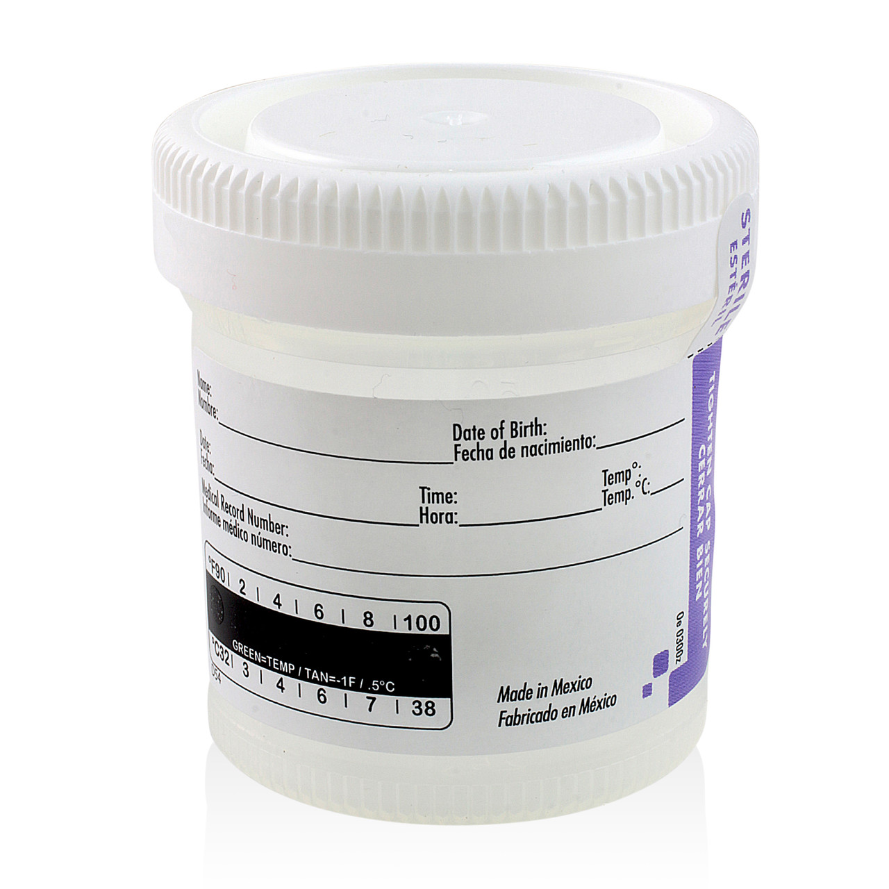 Collection Container 90mL x 53mm Temp Strip Sterile White Cap 25/Bag ...