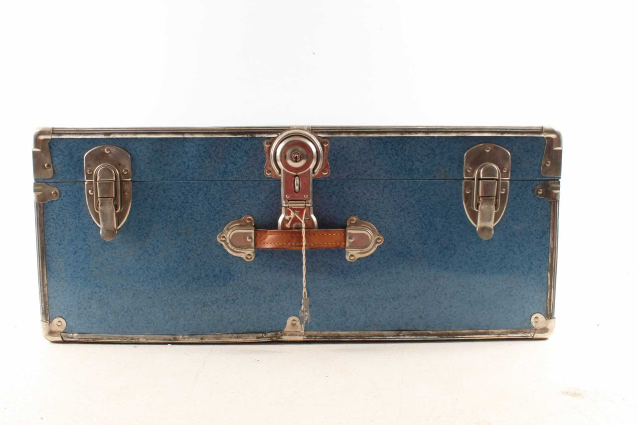 Vintage Blue Metal Trunk Foot Locker With Leather Handles & Keys ...