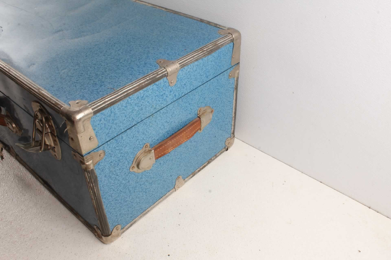 Vintage Blue Metal Trunk Foot Locker With Leather Handles & Keys ...