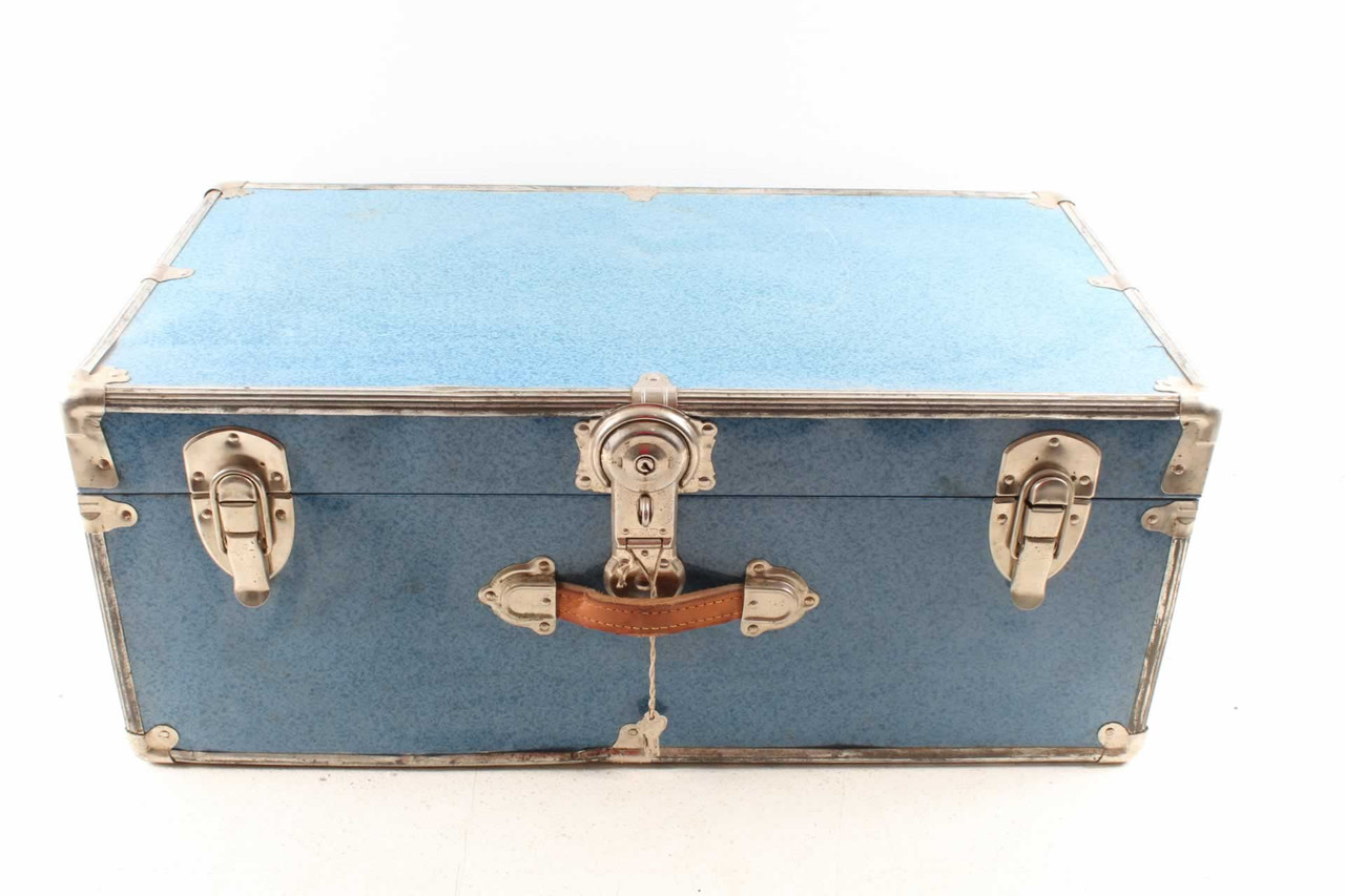 Vintage Blue Metal Trunk Foot Locker With Leather Handles & Keys ...
