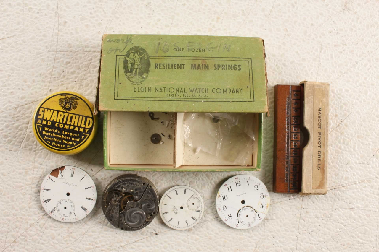 Antique Pocket Watch Movement Face Dials Parts Wood Pivot Drill Box ...