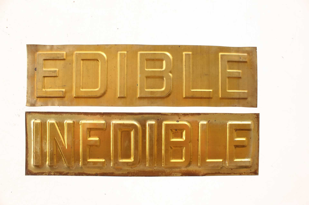 2 Vintage Edible & Inedible Raised Letter Brass Food Signs - Antique ...