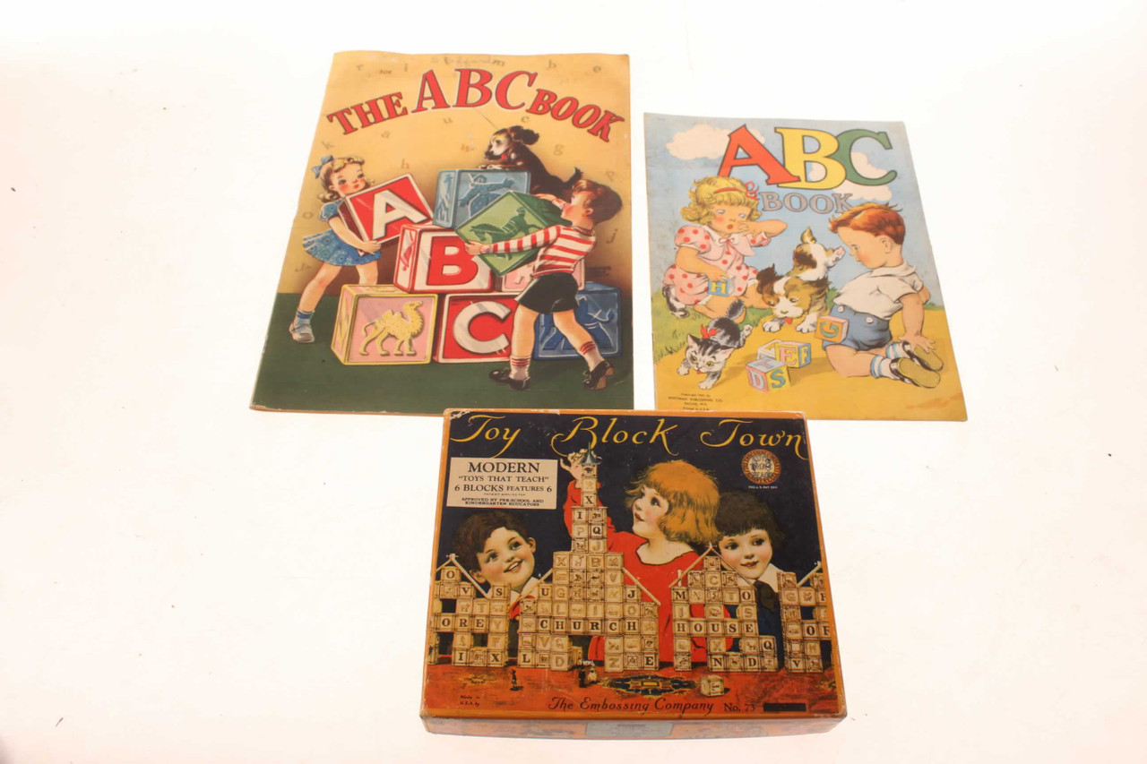 Vintage Toy Block Town Box With Wood Blocks & 2 ABC Alphabet Learning ...