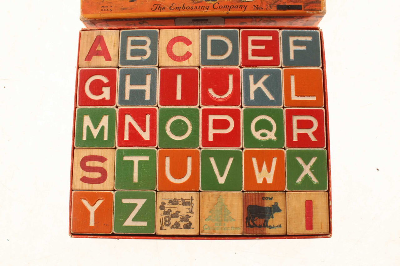 Vintage Toy Block Town Box With Wood Blocks & 2 ABC Alphabet Learning ...