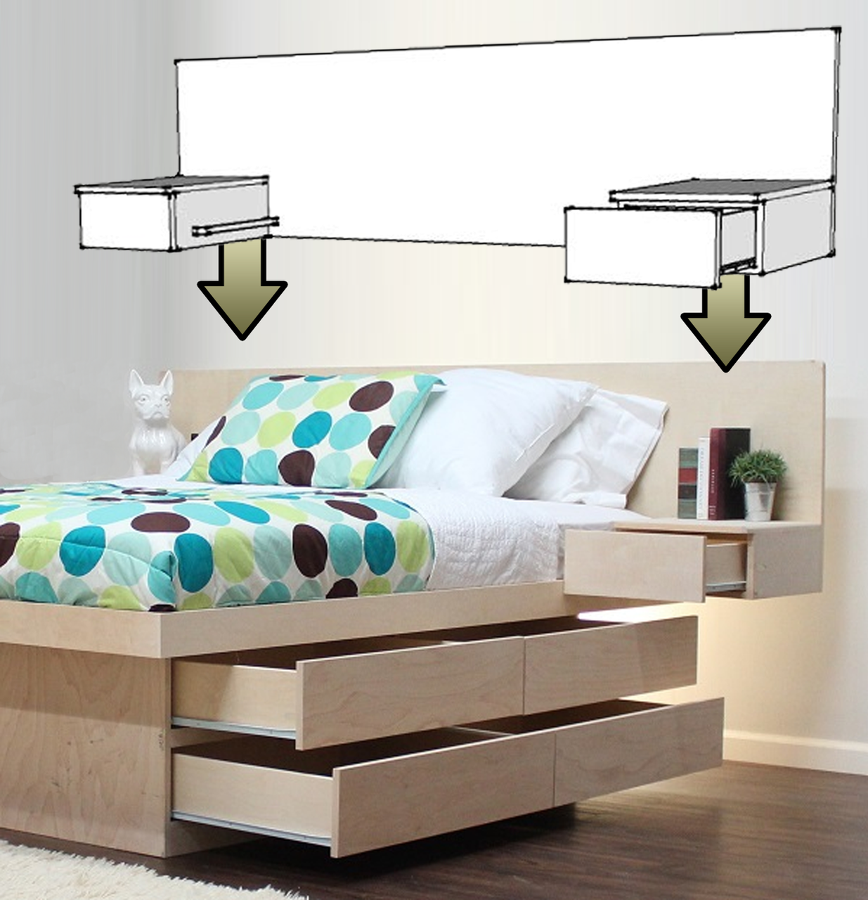 Queen Floating Nightstands Headboard | Oak Wood | Gothic Furniture