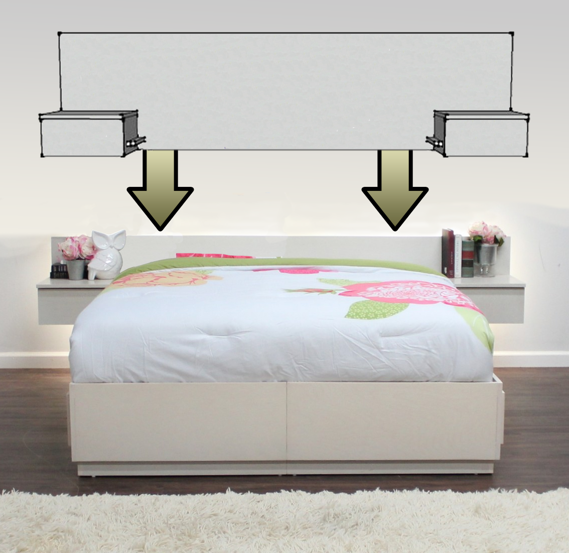 Queen Floating Nightstands Headboard | Oak Wood | Gothic Furniture