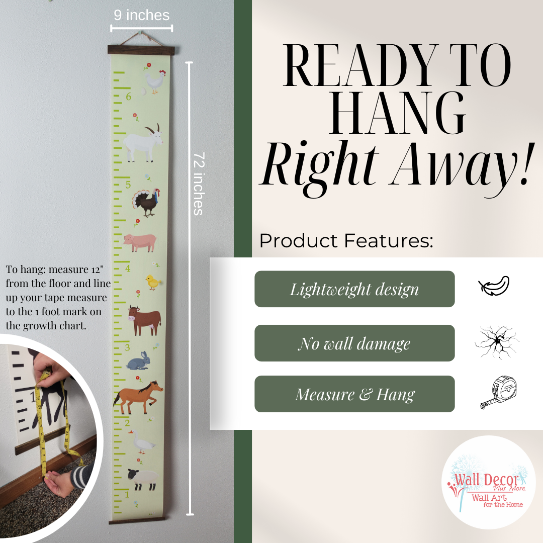 Wood Topped Farm Animals Height Ruler Printed on Canvas Growth Chart