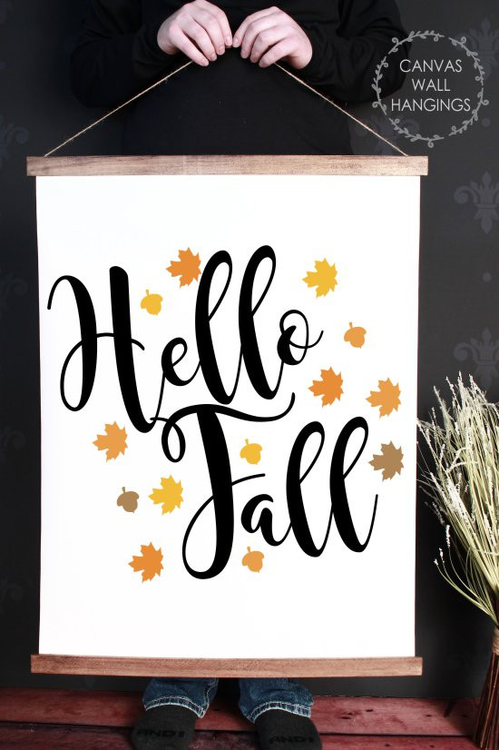 Wood Canvas Wall Hanging Decor Sign Hello Fall Art Autumn Leaves