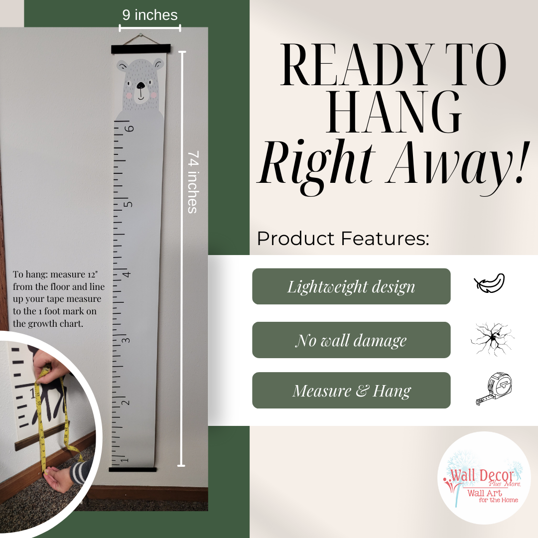 Canvas Growth Chart Height Tracker Gray Bear Kids Nursery Decor Sign
