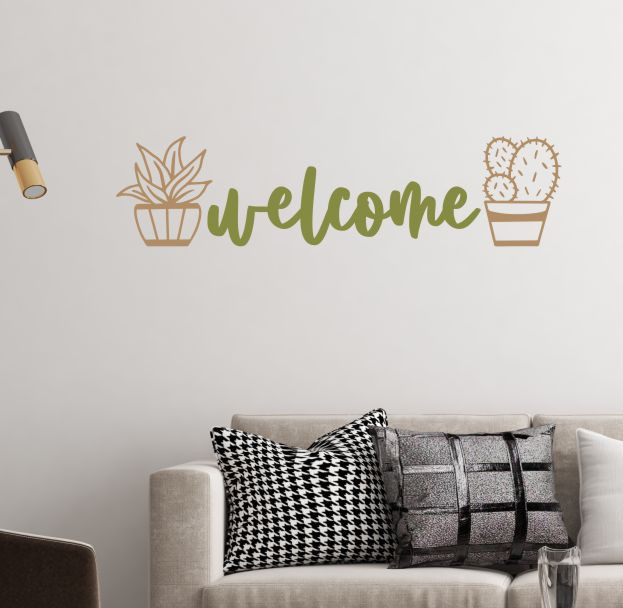 Plant Art Entryway Wall Sticker Cursive Welcome Lettering Wall Decal