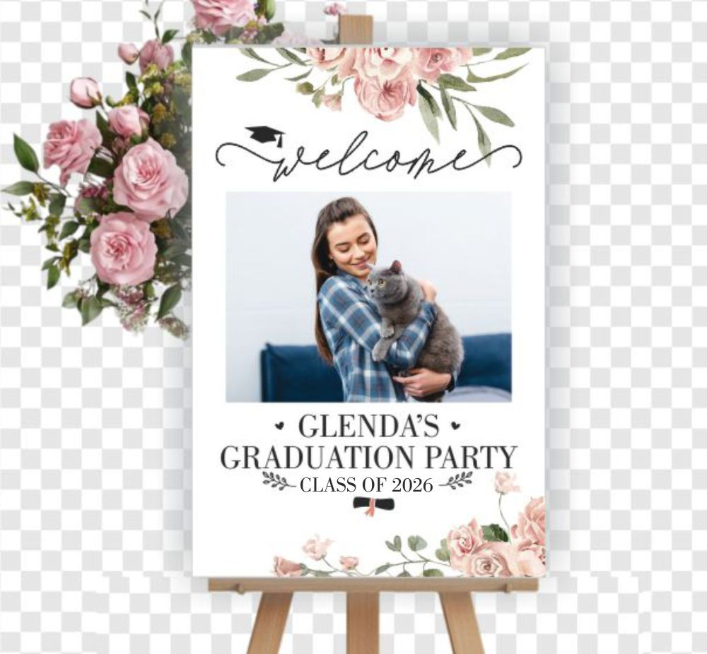 Elegant Floral Border Graduation Party Welcome Sign Poster Name Photo