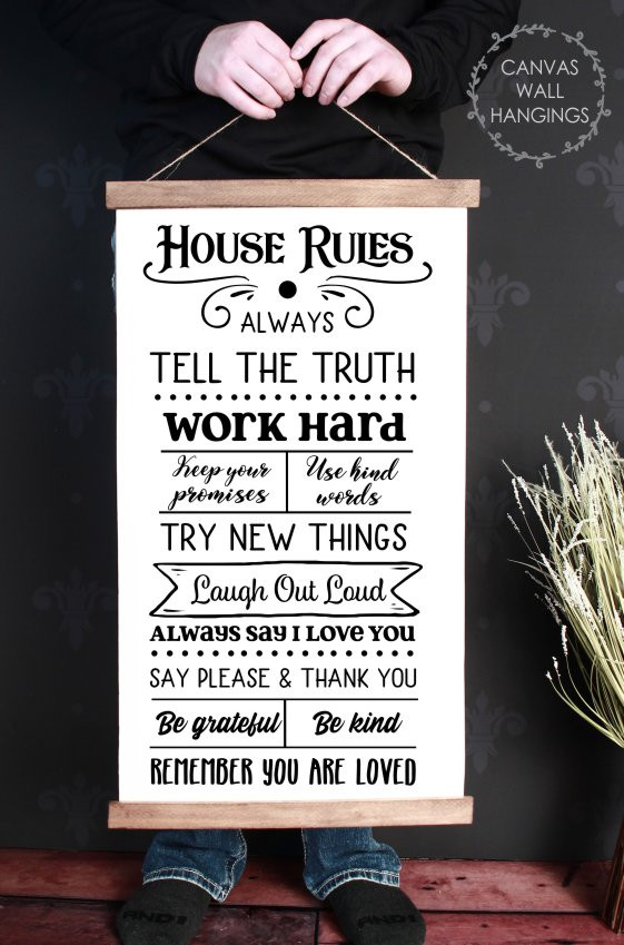 Wood Canvas Wall Hanging House Rules Sign Family Decor Living Room