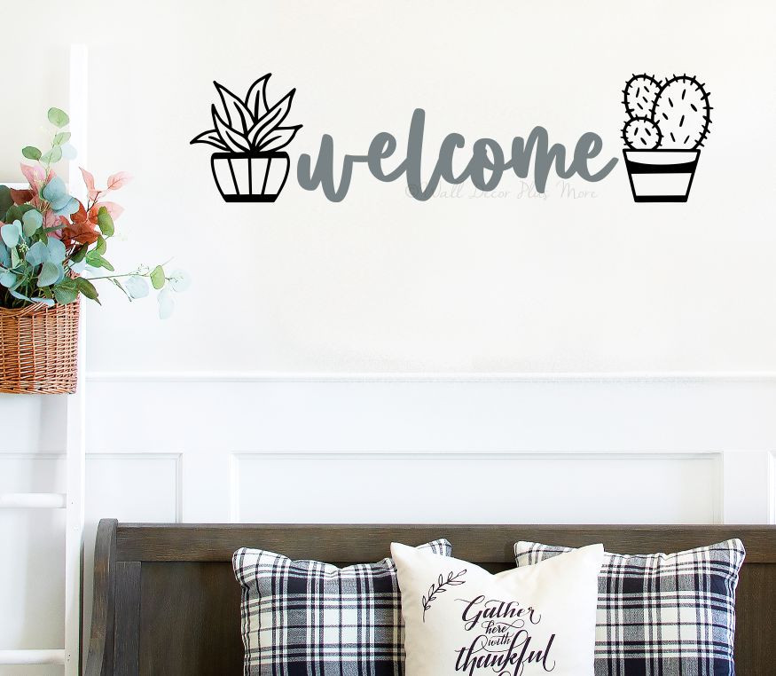 Plant Art Entryway Wall Sticker Cursive Welcome Lettering Wall Decal