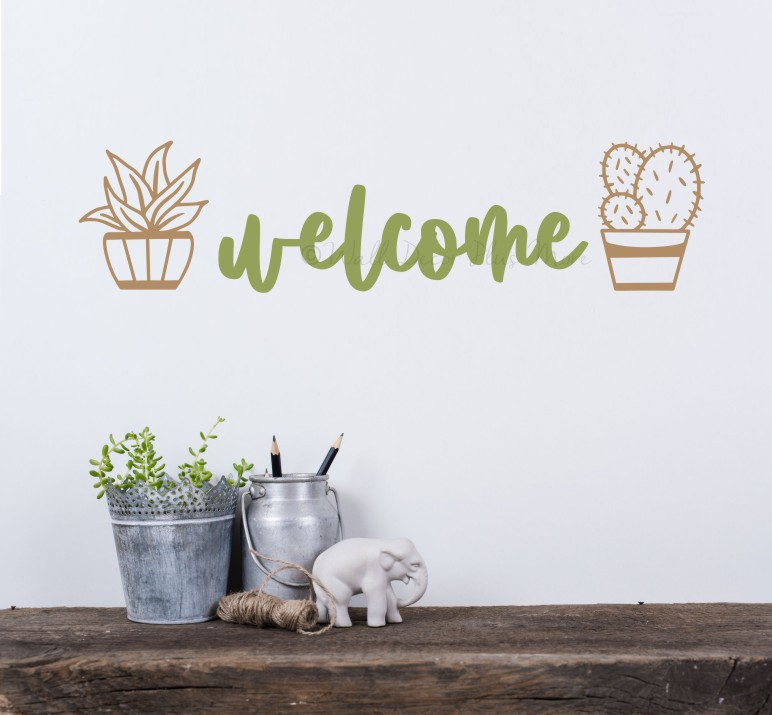 Plant Art Entryway Wall Sticker Cursive Welcome Lettering Wall Decal