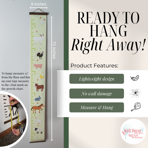 Wood Topped Farm Animals Height Ruler Printed on Canvas Growth Chart